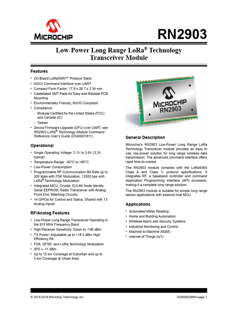 RN2903 LoRa Technology Transceiver Module Data Sheet DS50002390H | PDF
