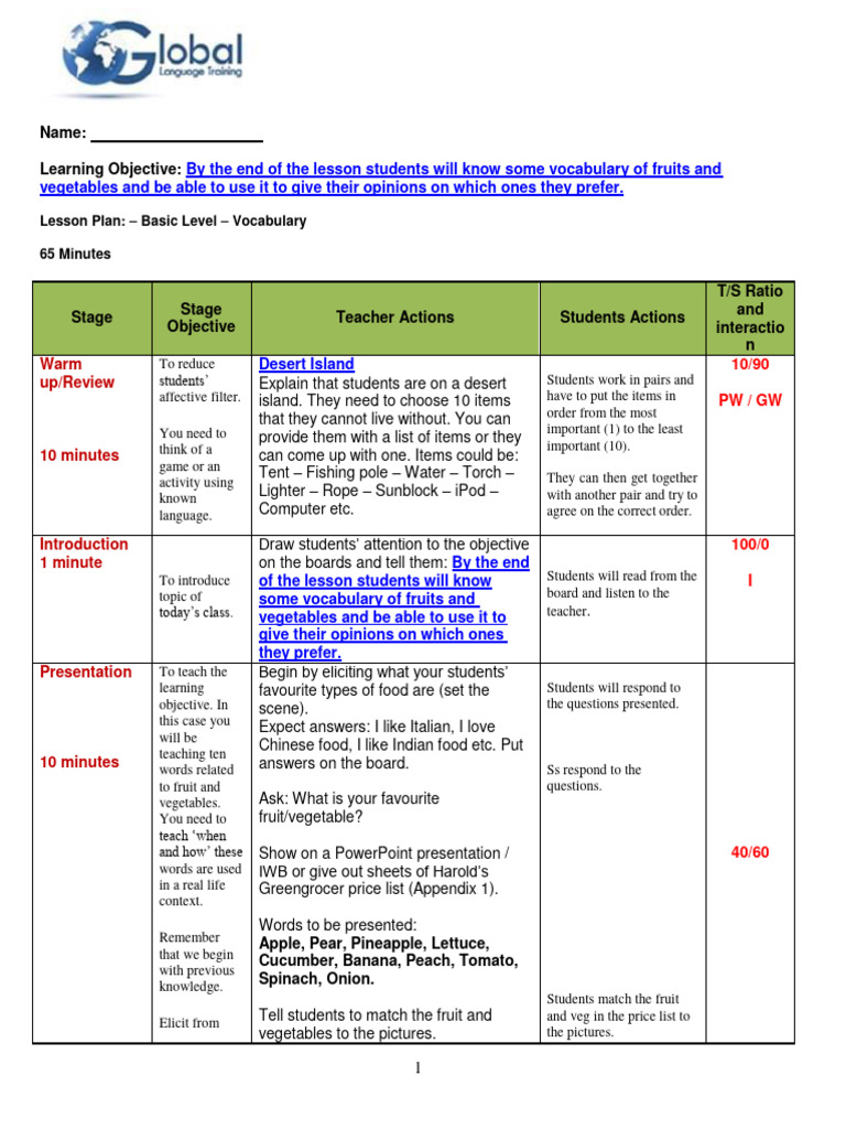 Lesson Plan For Vocabulary Example | PDF | Vocabulary | Lesson Plan