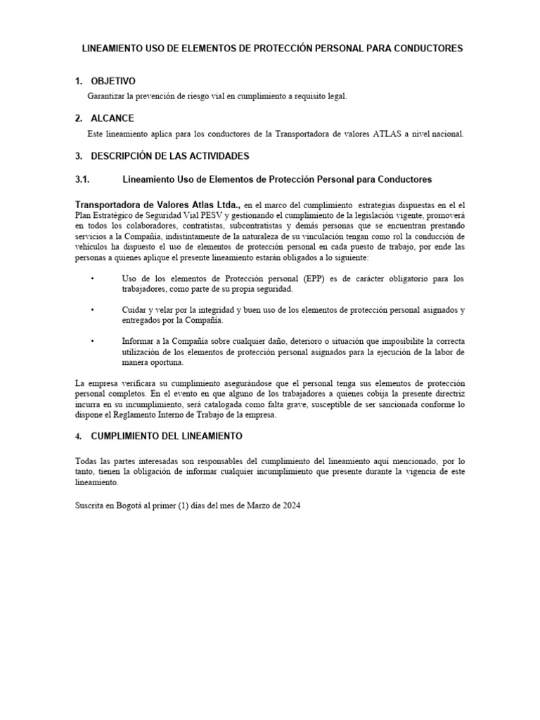 PO-GH-015 LINEAMIENTO USO DE ELEMENTOS DE PROTECCIÓN PERSONAL VR 3 (Firm) | PDF | Negocios ...