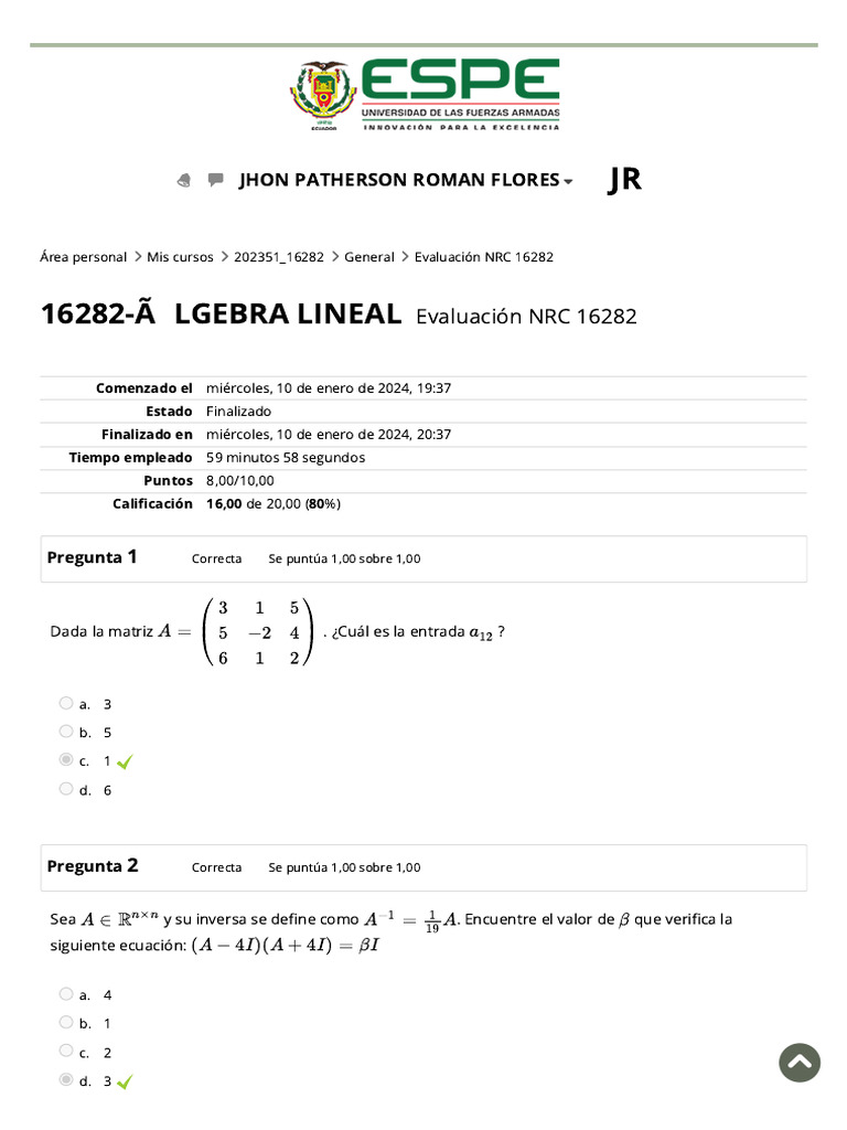 Evaluación de Álgebra Lineal | PDF | Matriz (Matemáticas) | Funciones y mapeos