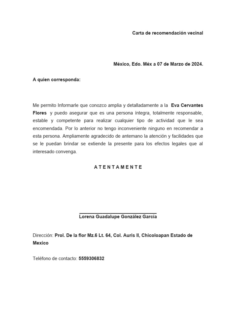 Carta de recomendación vecinal | PDF