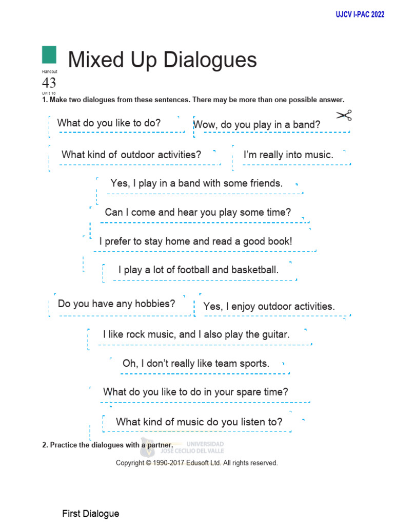 10 Basic II Handout 44 Unit 10 Hobbies Mixed Up Dialogues Convertido 1 ...