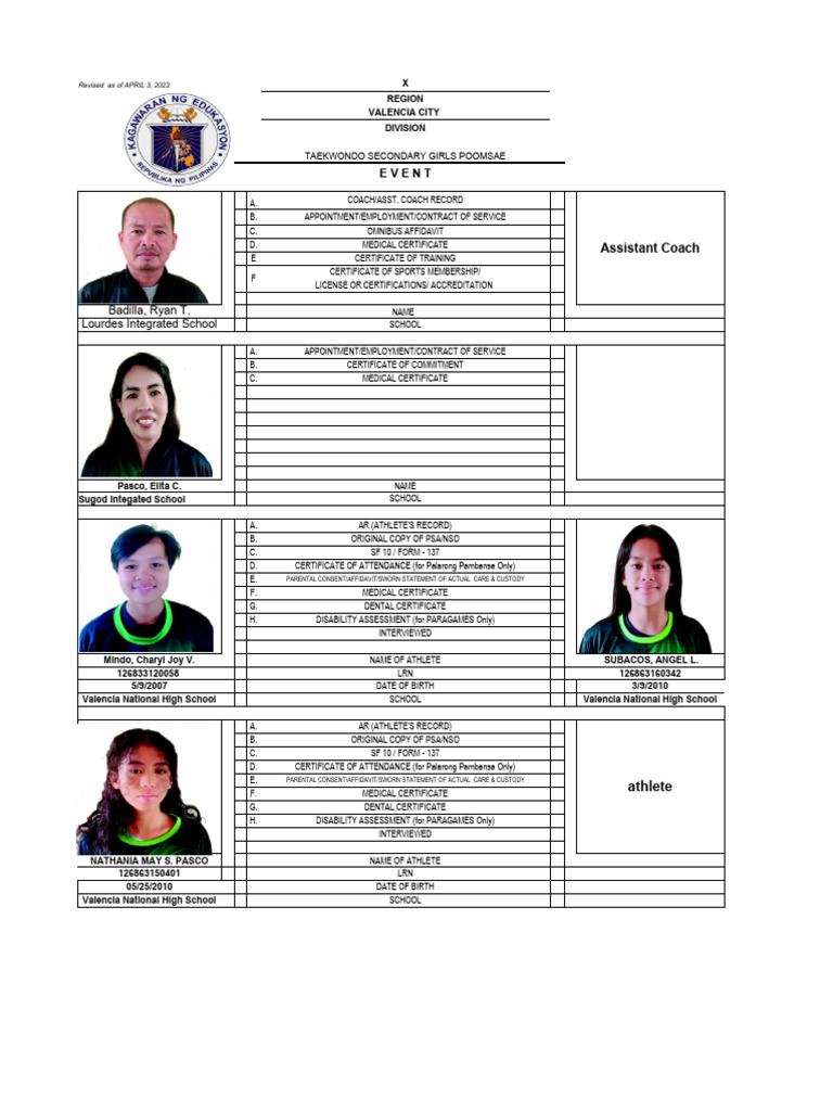 Athlete Record Form for Palarong Pambansa | PDF