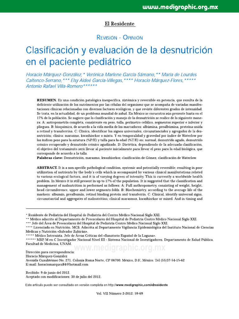 Clasificación Y Evaluación De Desnutrición Pediatríca Pdf