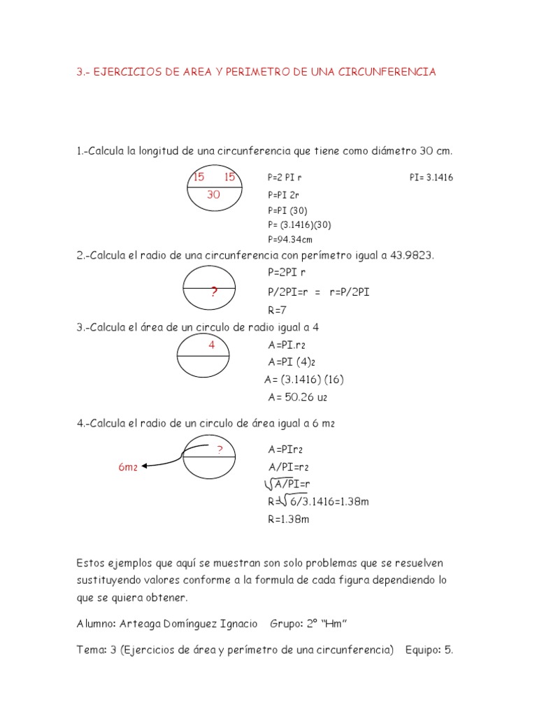Ejercicios de Area y Perimetro de Una Circunferencia | PDF | Pi ...