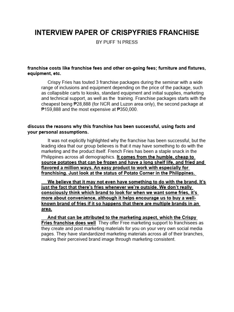 Interview Paper of Crispyfries Franchise | PDF | Franchising | Brand