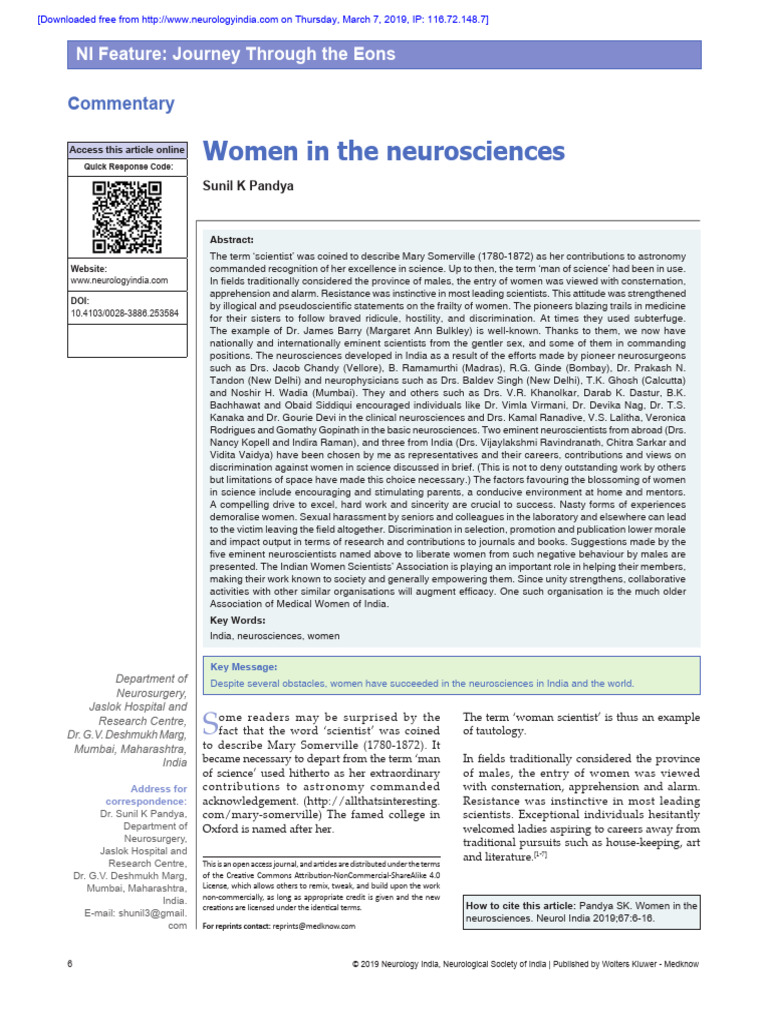 2019 Women in Neurosc Neurol India | PDF | Science | Brain