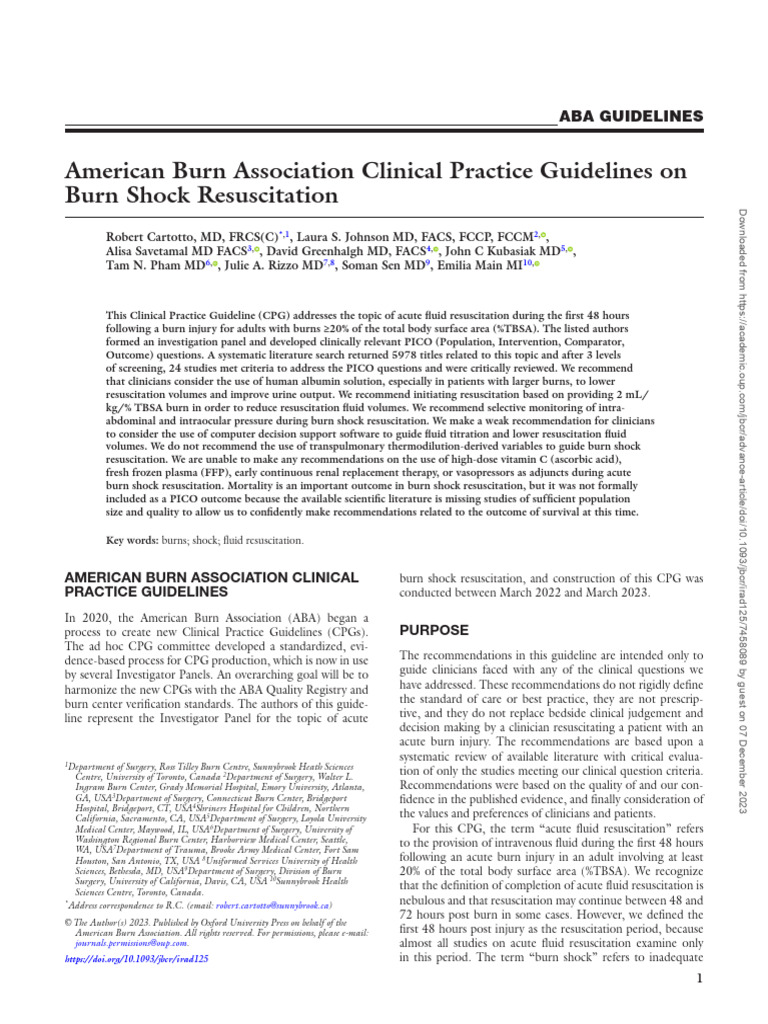American Burn Association Clinical Practice Guidelines On Burn Shock ...