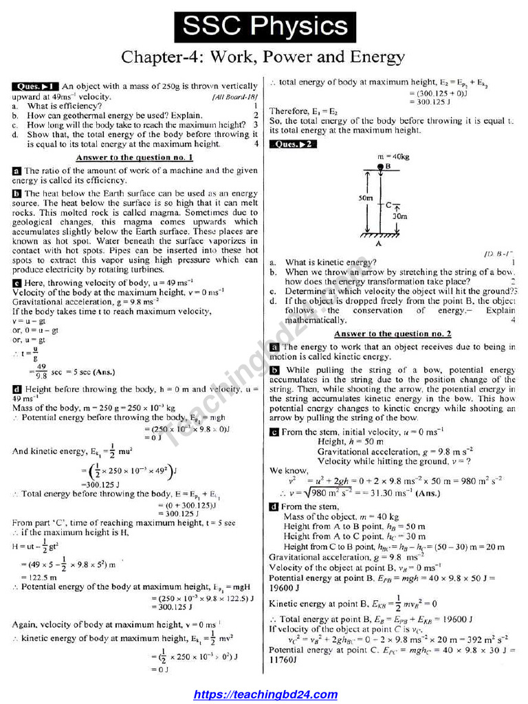 SSC English Version Physics Note Chapter 4 Work Power and Energy 1 | PDF