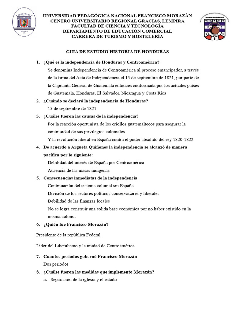 GUIA DE ESTUDIO HISTORIA DE HONDURAS | PDF