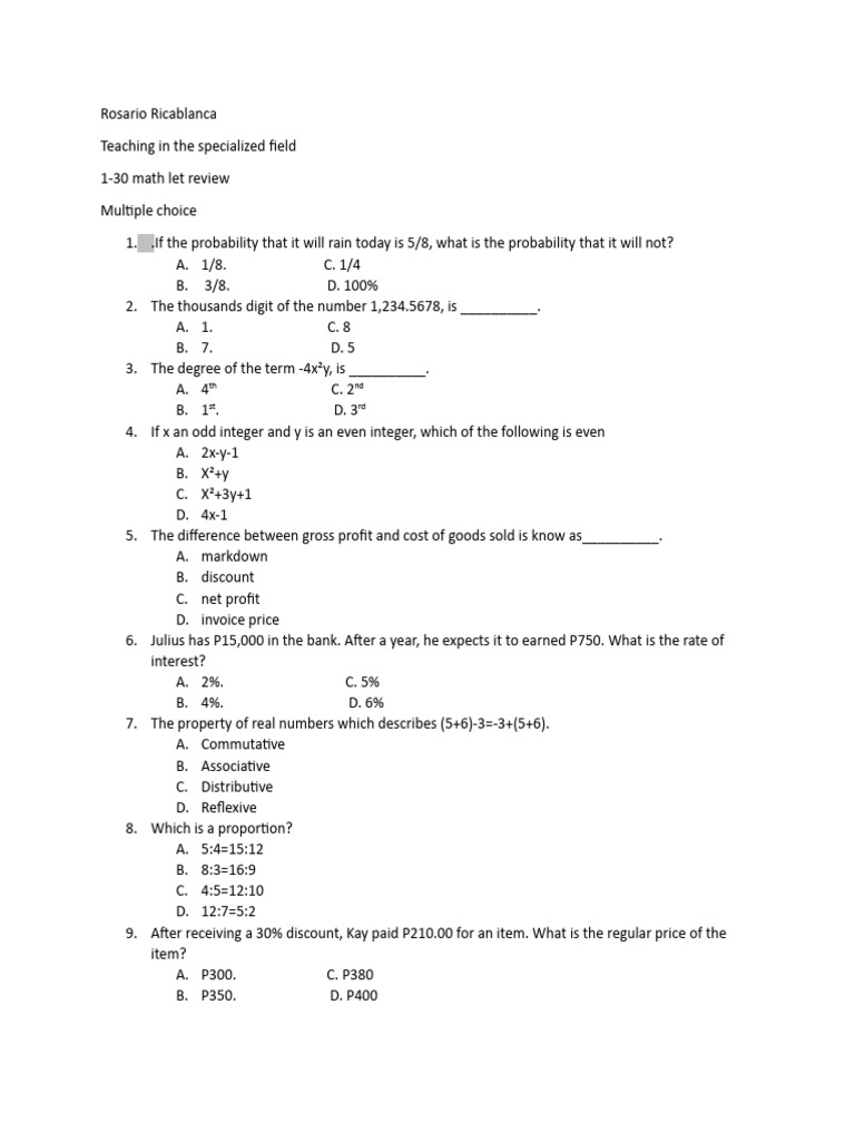 Math Let Review Mcañete | PDF | Area | Triangle