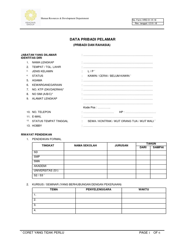 Formulir Data Pelamar | PDF