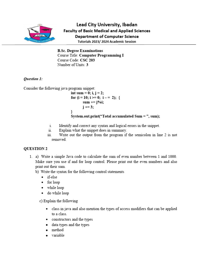 CSC 203 Examination Tutorials | PDF