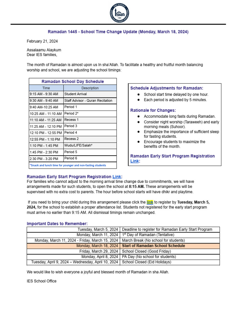 Ramadan School Time Change Letter 2024.F | PDF | Ramadan | Semitic Words And Phrases