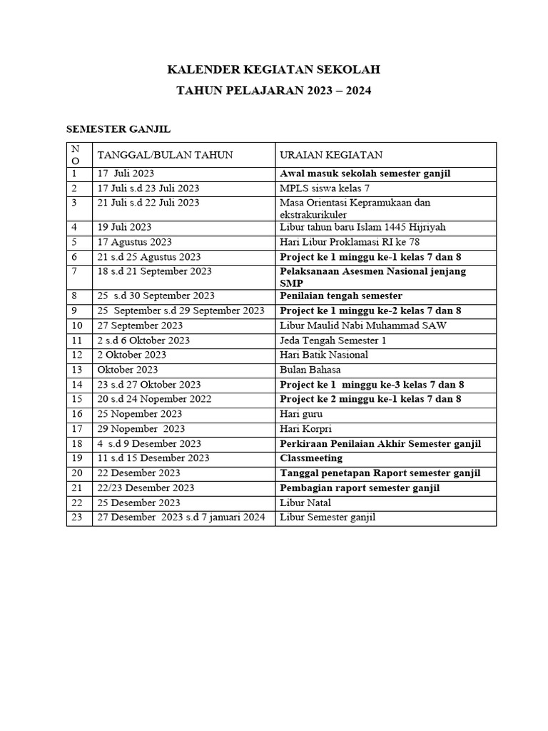 Contoh Kalender Kegiatan Sekolah 2023 - 2024 | PDF