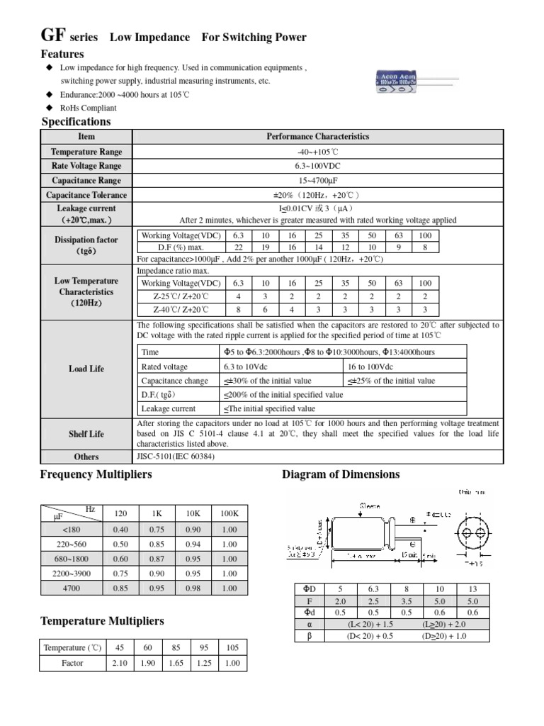 Acon (Radial Thru-Hole) GF Series | PDF | Capacitor | Electrical Impedance