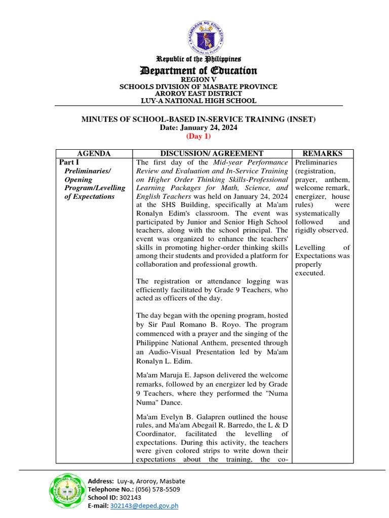 INSET Training Minutes for Teachers 2024 | PDF | Teachers | Learning