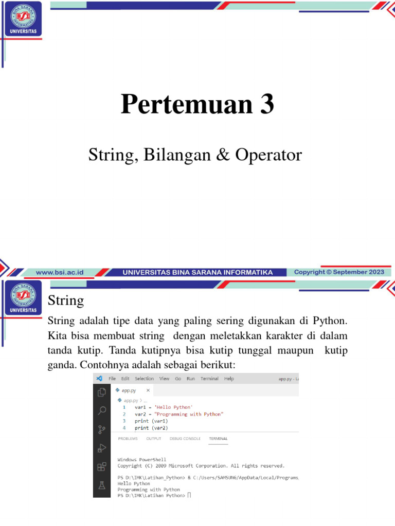 Pertemuan 3: String, Bilangan & Operator | PDF | Metode & Bahan Ajar