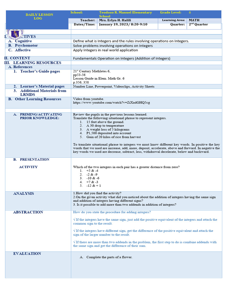 MATH 6-Lesson Plan Integers | PDF | Mathematics | Integer