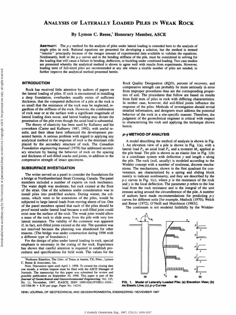 Reese1997 - Analysis of Laterally Loaded Piles in Weak Rock | PDF
