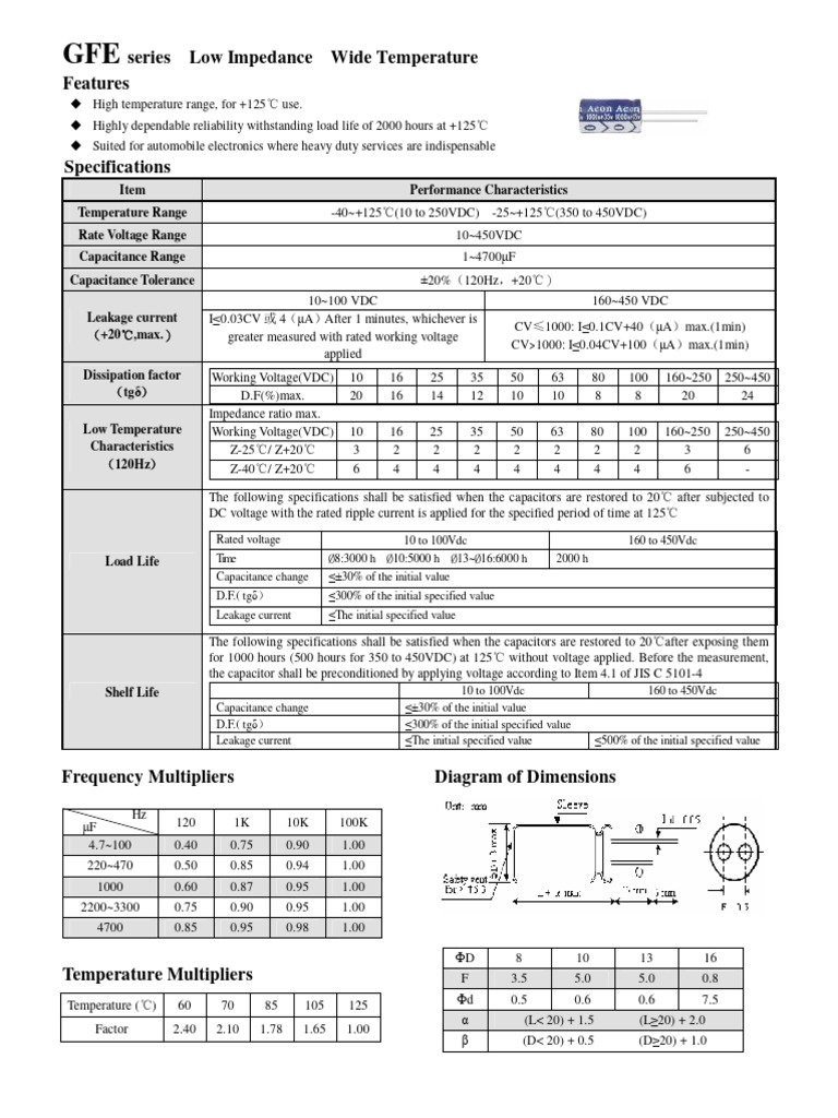 Acon (Radial Thru-Hole) GFE Series | PDF | Capacitor | Electrical Impedance