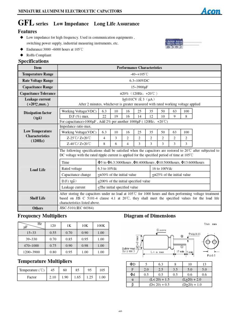 Acon (Radial Thru-Hole) GFL Series | PDF | Capacitor | Quantity