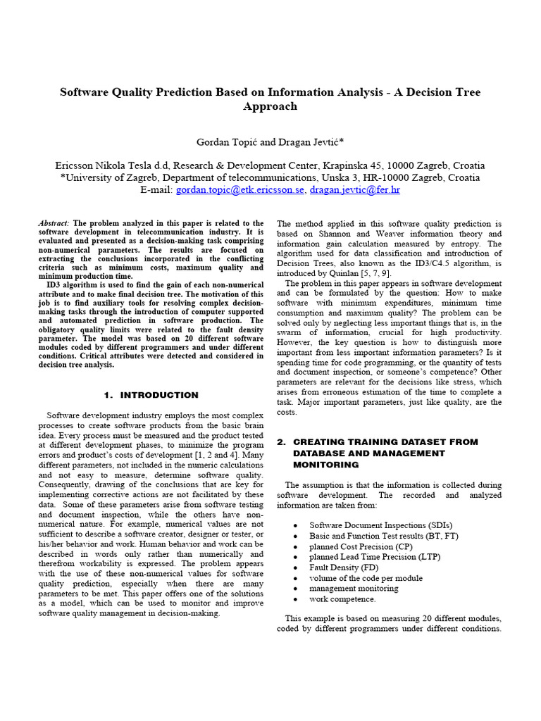 Software Quality Prediction Based On Information Analysis - A Decision Tree Approach | PDF ...