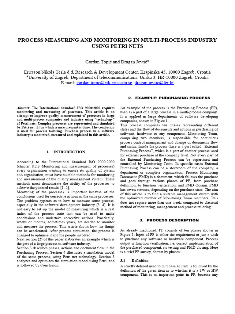 Process Measuring and Monitoring in Multi-Process Industry Using Petri Nets | PDF | Iso 9000 ...