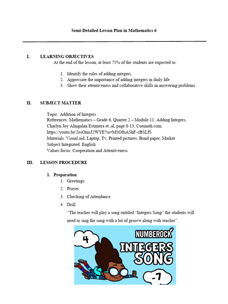 Lesson Plan: Adding Integers for Grade 6 | PDF | Numbers | Teachers