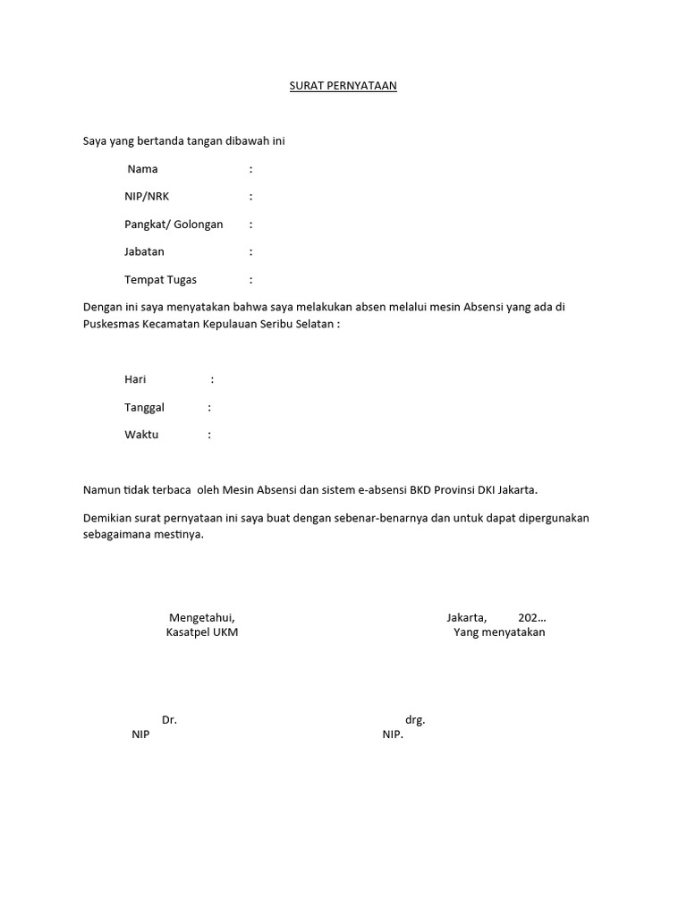 Format Surat Pernyataan Absensi | PDF