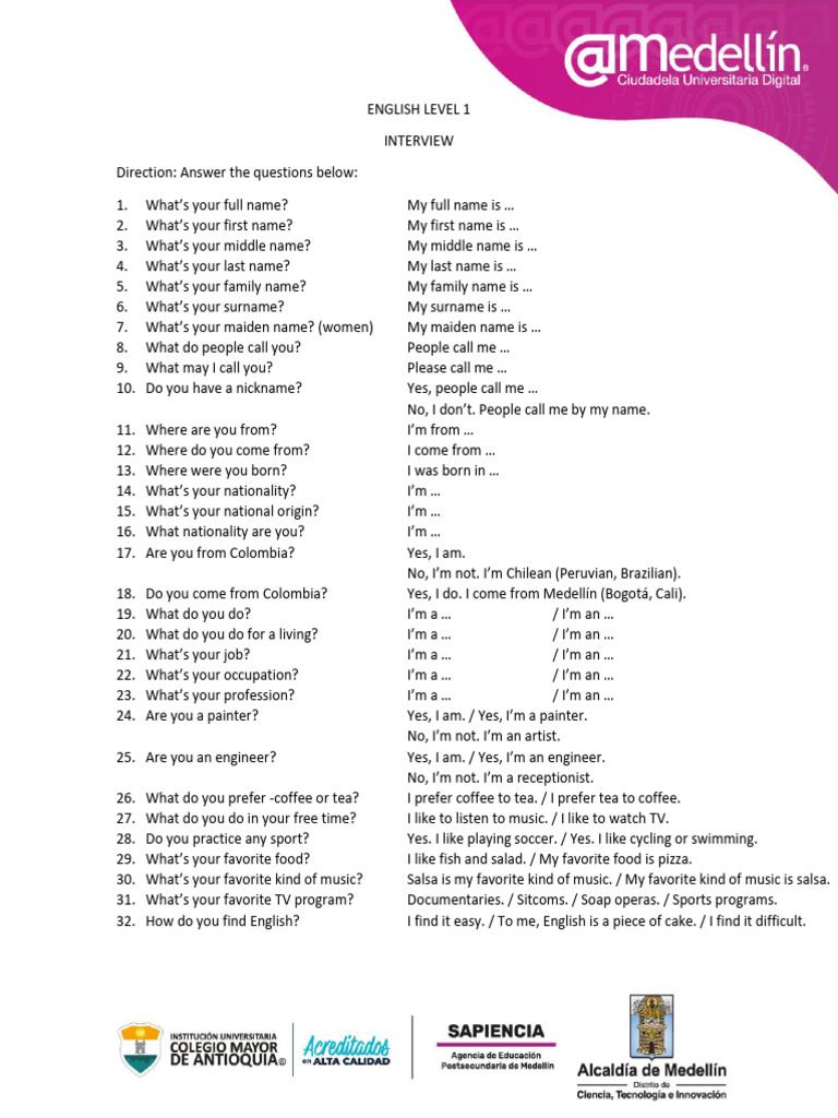 Questions for English Level 1 | PDF