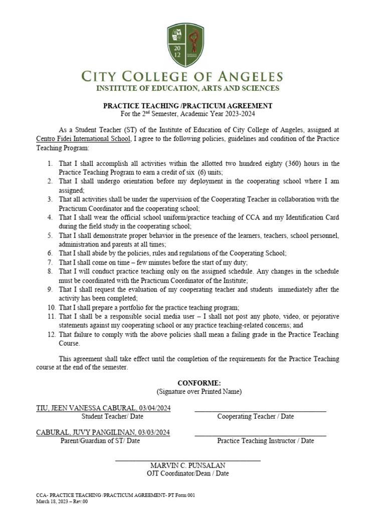 Copy of PT Form 001 - Practicum Agreement | PDF