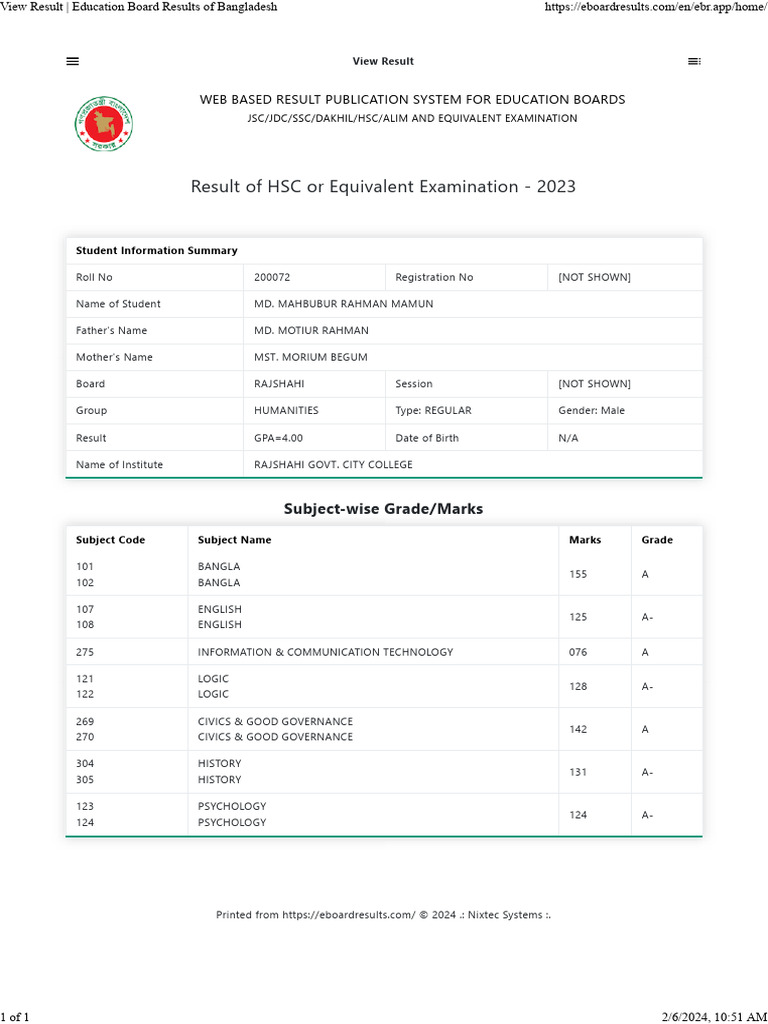 HSC Results Sheet | PDF | Educational Institutions | Educational ...