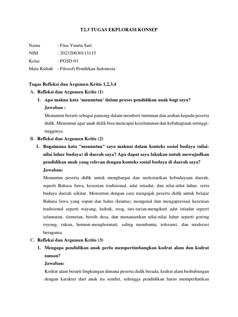 10 - Fina Yunita Sari - Tugas Refleksi Dan Argumen Kritis 1,2,3, Dan 4 Eksplorasi Konsep | PDF