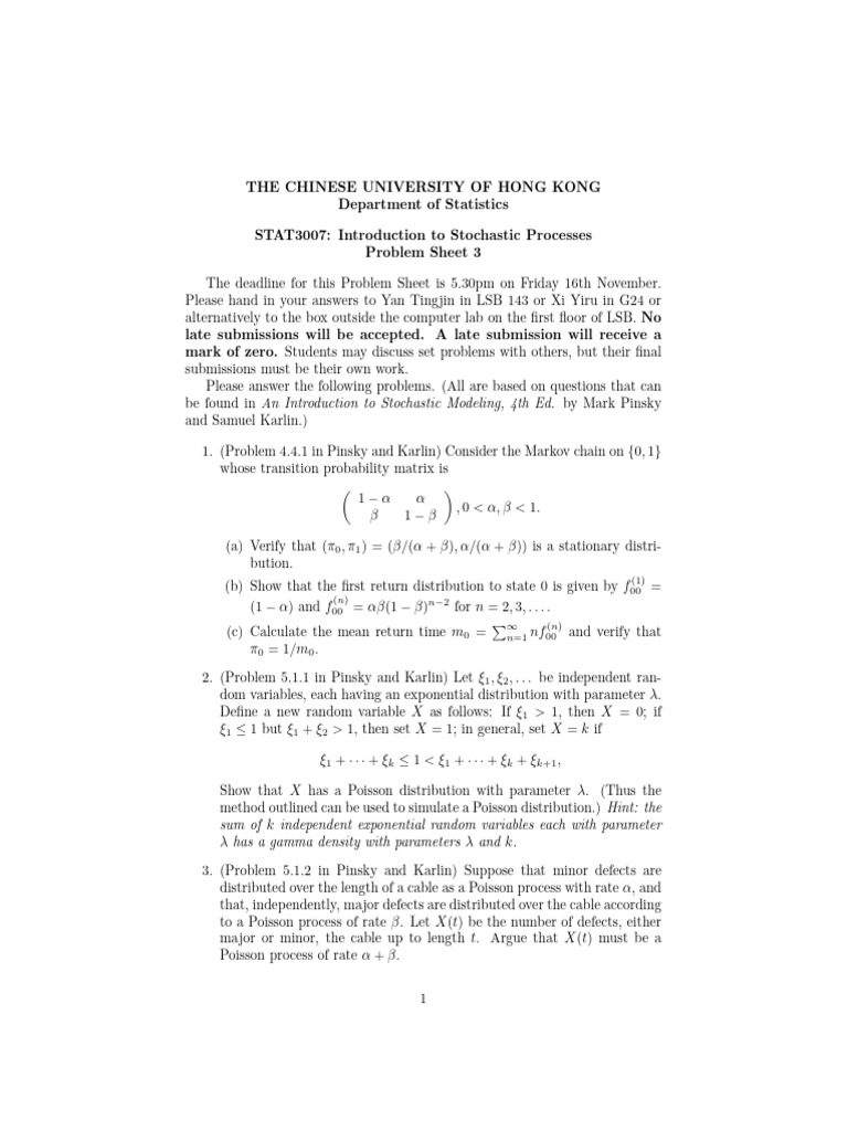 STAT3007 Problem Sheet 3 | PDF | Markov Chain | Mathematical Analysis