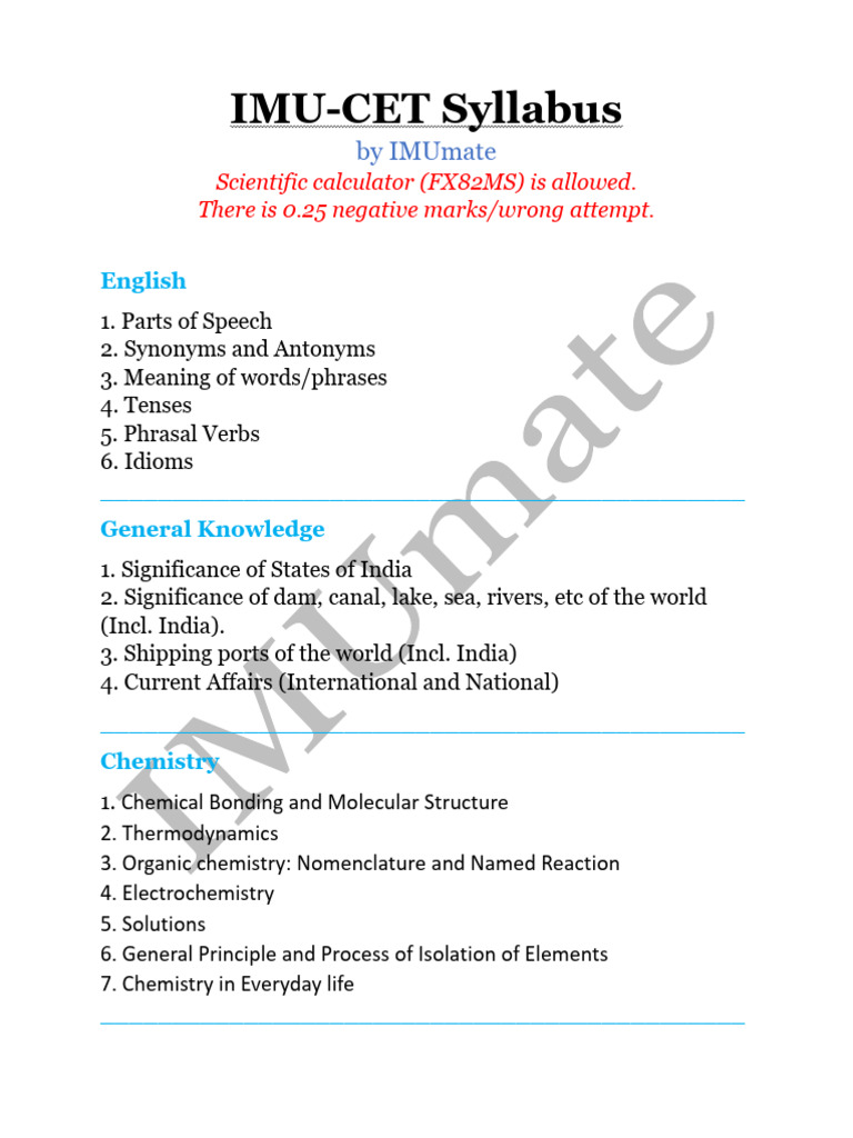 Imu-Cet 2024 Syllabus | PDF | Chemistry | Electromagnetic Radiation Imu-Cet 2024 Syllabus | PDF | Chemistry | Electromagnetic Radiation