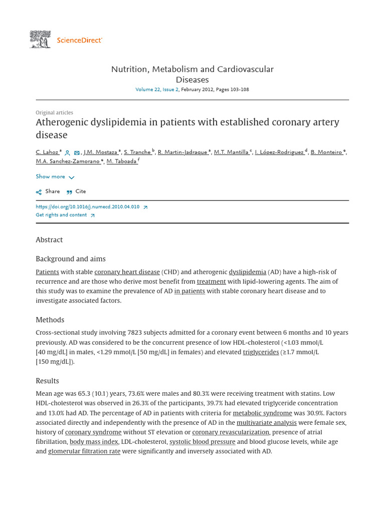 Atherogenic Dyslipidemia in Patients With Established Coronary Artery ...