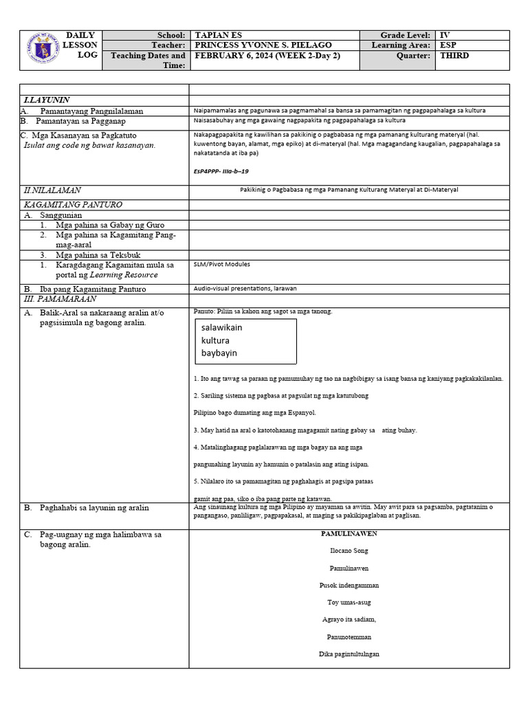 Q3 DLL Week 2 Esp D2 | PDF