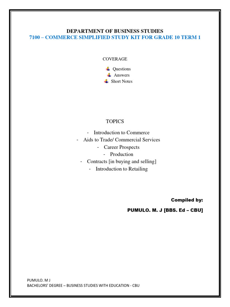 Grade 10 Commerce Study Kit | PDF | Retail | Goods