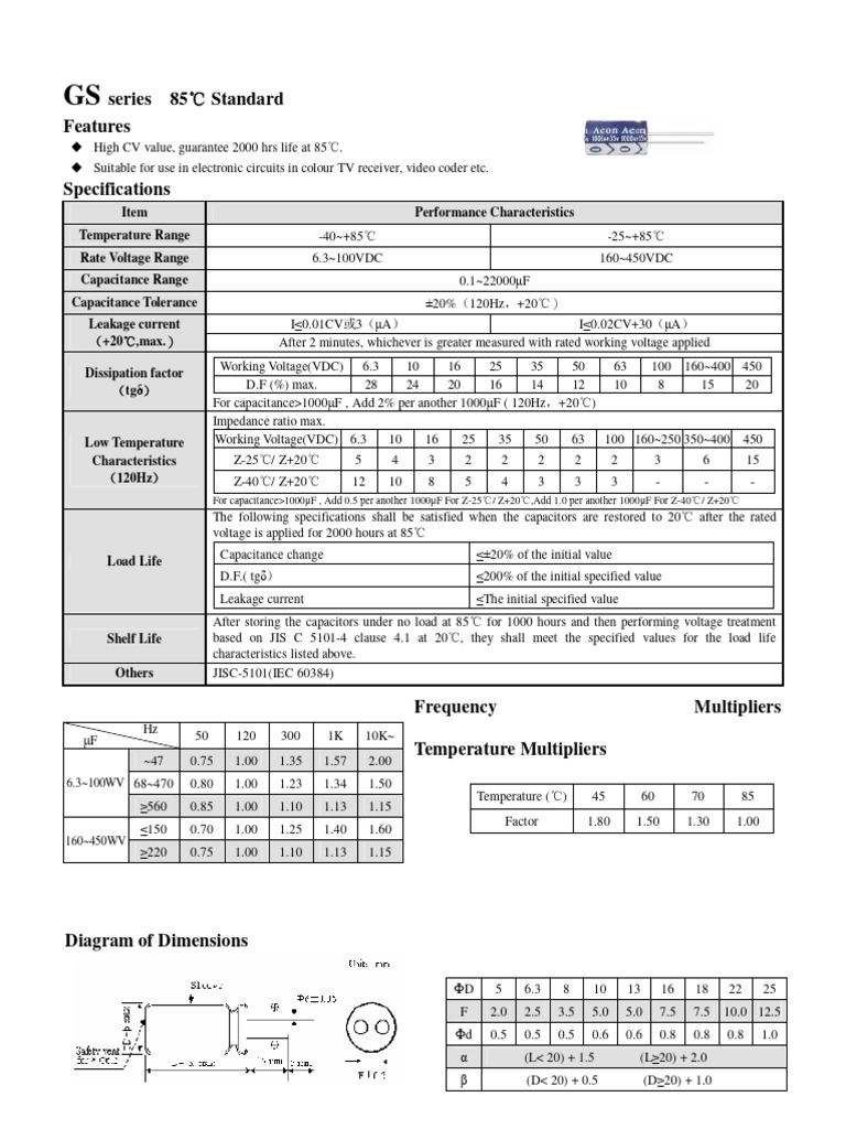 Acon (Radial Thru-Hole) GS Series | Download Free PDF | Capacitance | Capacitor