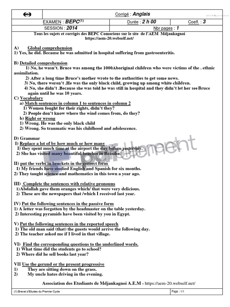 BEPC 2014 English Exam Correction | PDF | Language Mechanics | Grammar