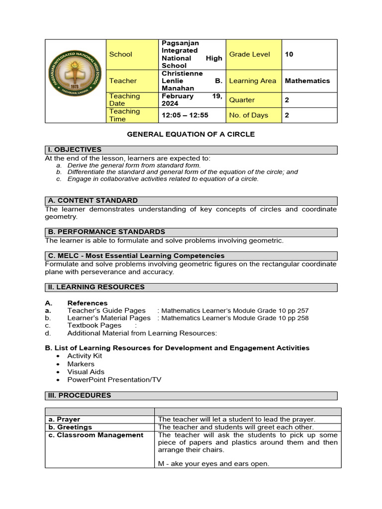 General Form of The Equation of A Circle | PDF | Circle | Learning