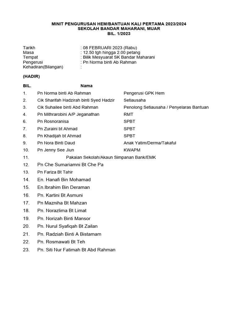 MINIT PENGURUSAN HEM 2023 Bil 01 | PDF