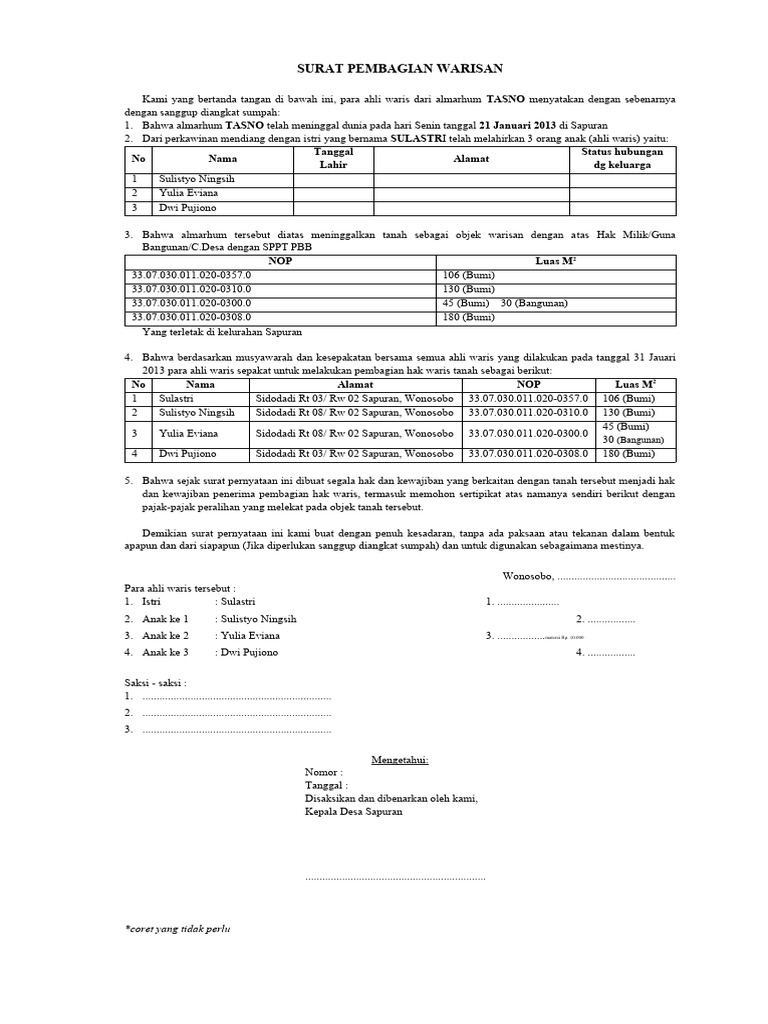 SURAT PEMBAGIAN WARISAN | PDF