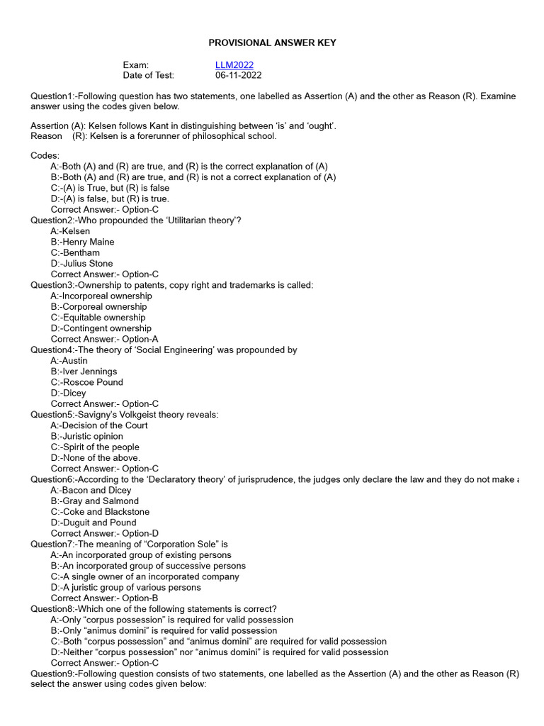 LLM 2022 Provisional Answer Key | PDF | International Law | Supreme ...