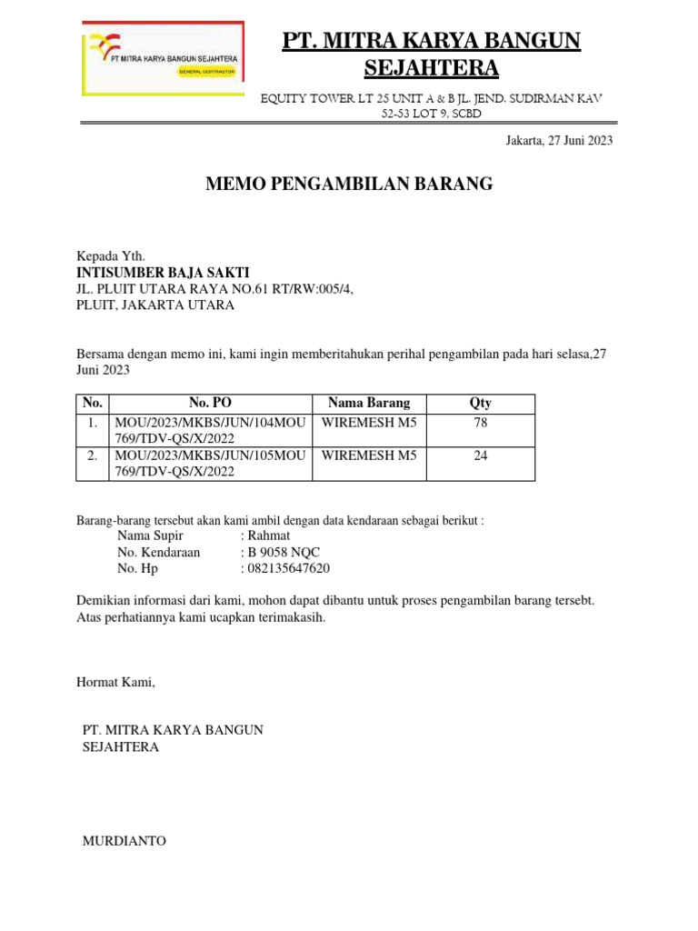 Memo Pengambilan Barang | PDF