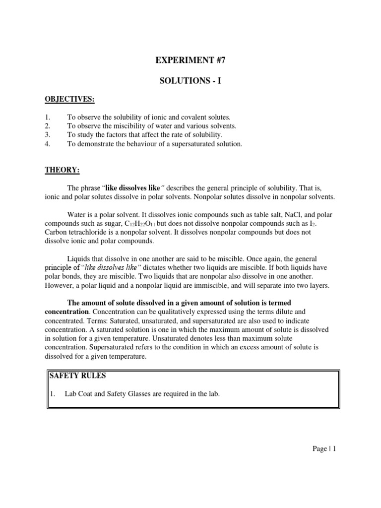 Chemistry Lab: Solubility & Solutions | PDF | Solubility | Chemical Polarity