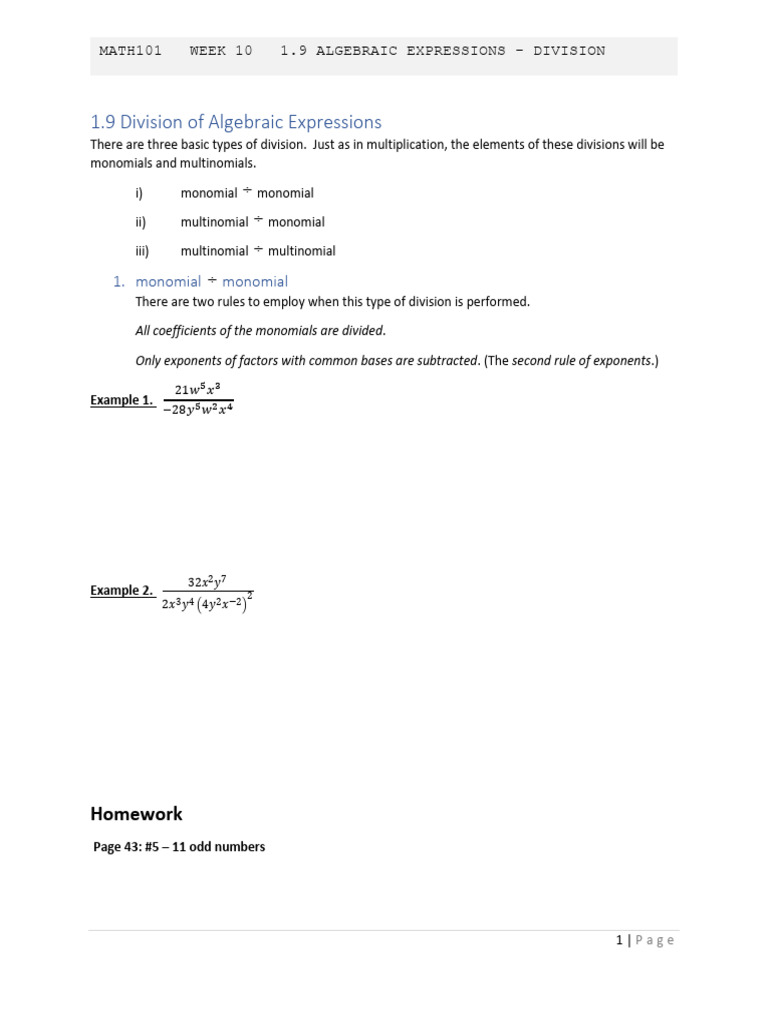 Week 10 - Algebraic Expressions-Division (1.9) | PDF | Division (Mathematics) | Computational ...