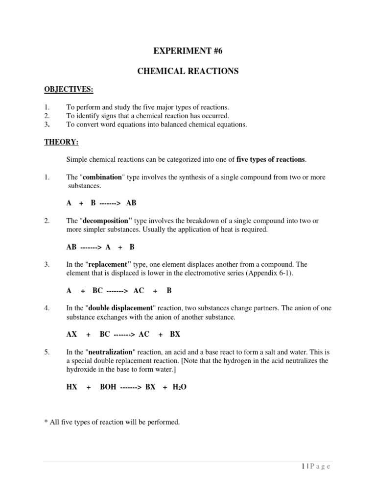 EXPERIMENT 6- Chemical reactions1 | PDF | Chemical Reactions | Nature