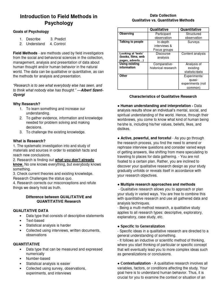 Field Methods in Psychology Reviewer | PDF